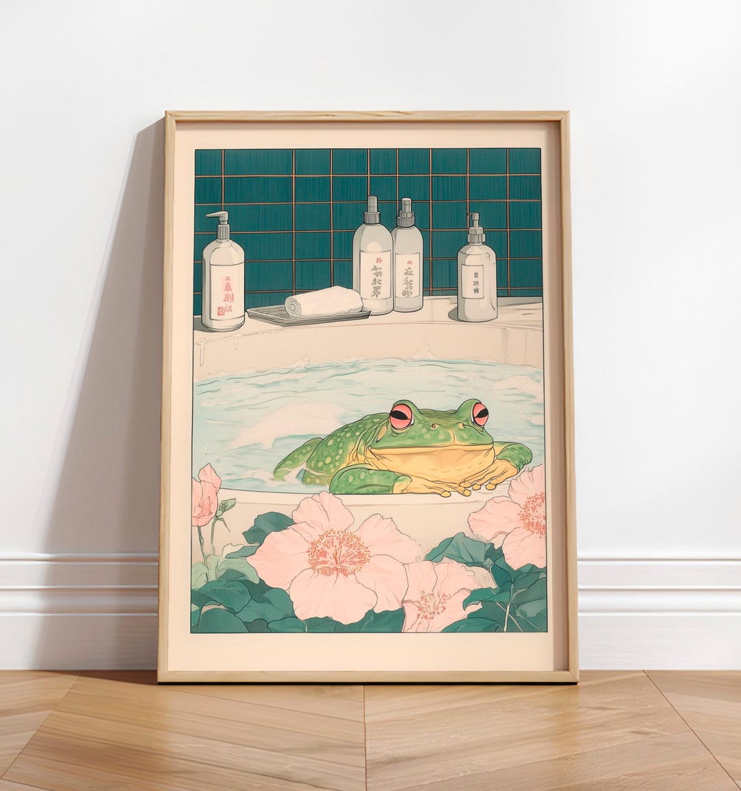 Japanese Frog in Bathtub, Japandi Aesthetic Bathroom Print, Japan Art Print, Minimalist Neutral ...