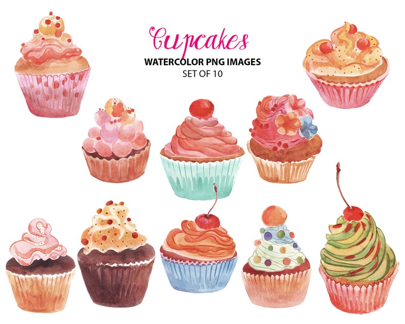 Cute Cupcakes Clipart Watercolor Food Clip Art Dessert - Etsy