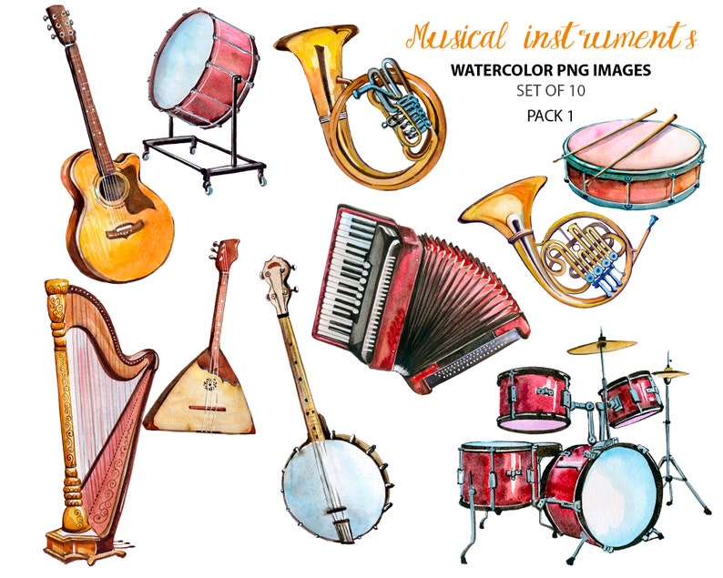 Watercolor Musical Instruments Music Clipart Guitar Clip Art - Etsy