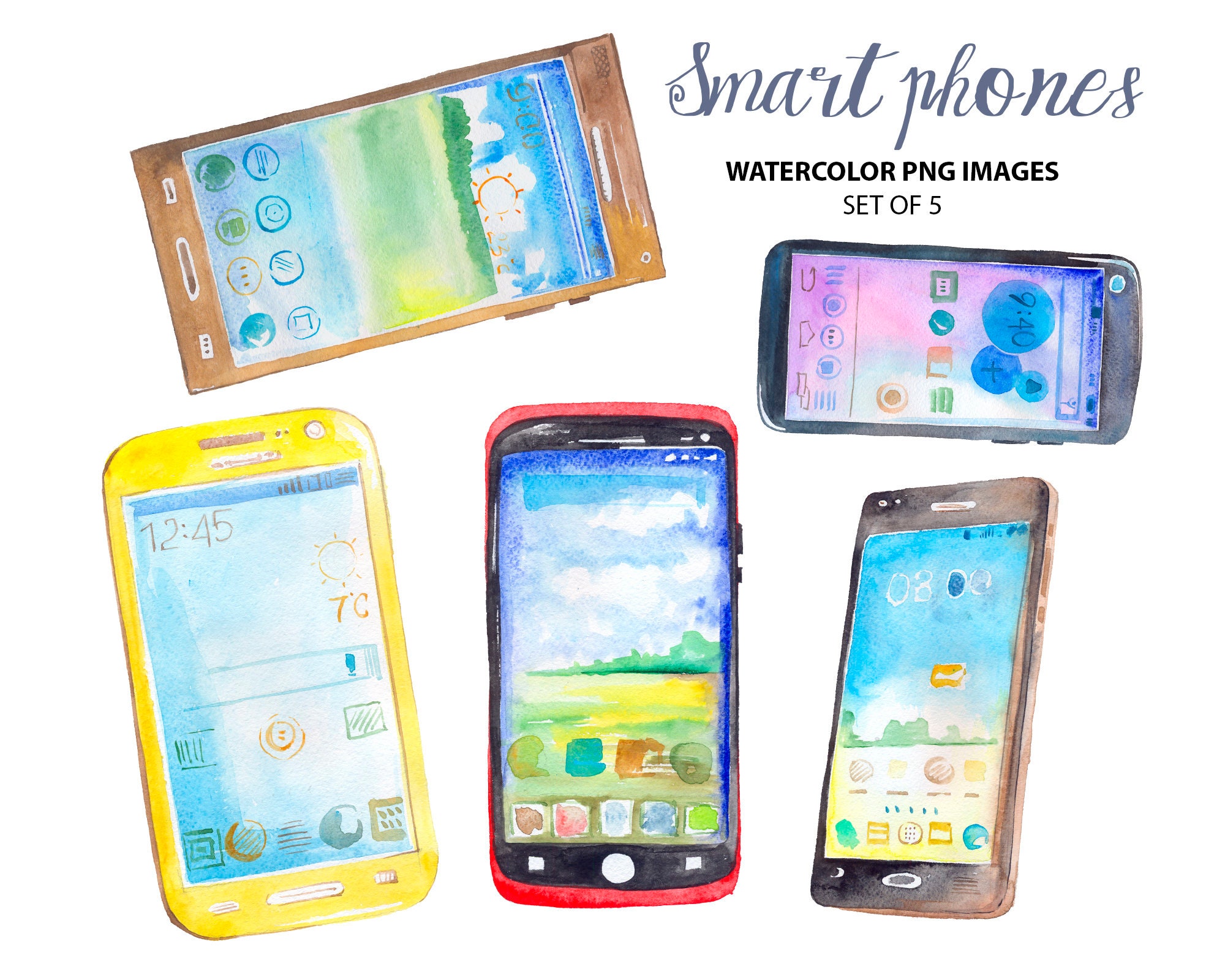 Watercolor Phones Clipart Smartphone Clip Art Technology Clipart - Etsy