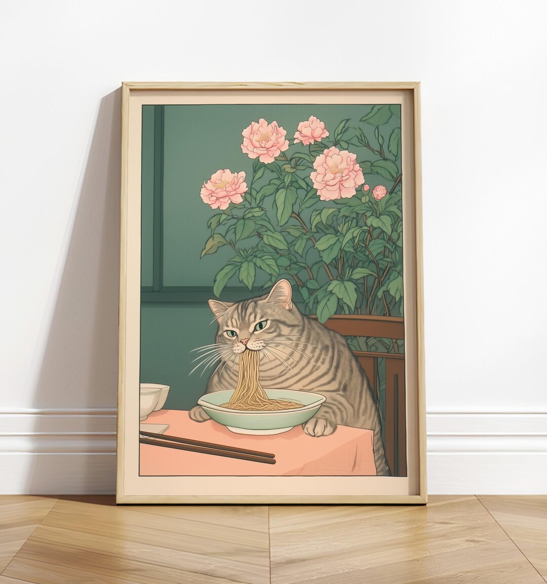 Tabby Cat Eating Noodles: Ukiyo-e Art Print, Japanese Kitchen Poster - Etsy