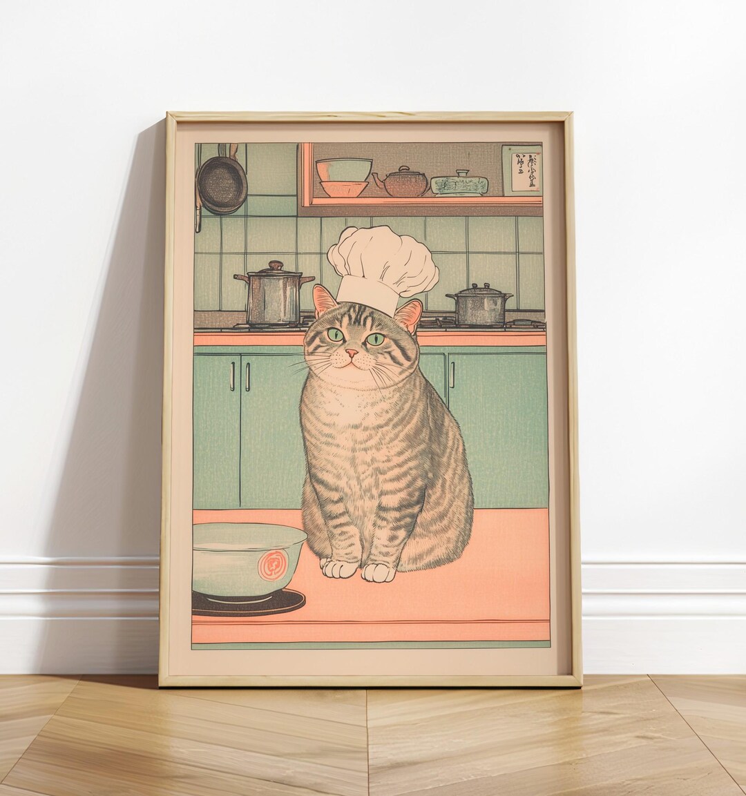 Grey Tabby Cat in a Chef's Hat, Japanese Kitchen Art, Cat Lover Gift ...