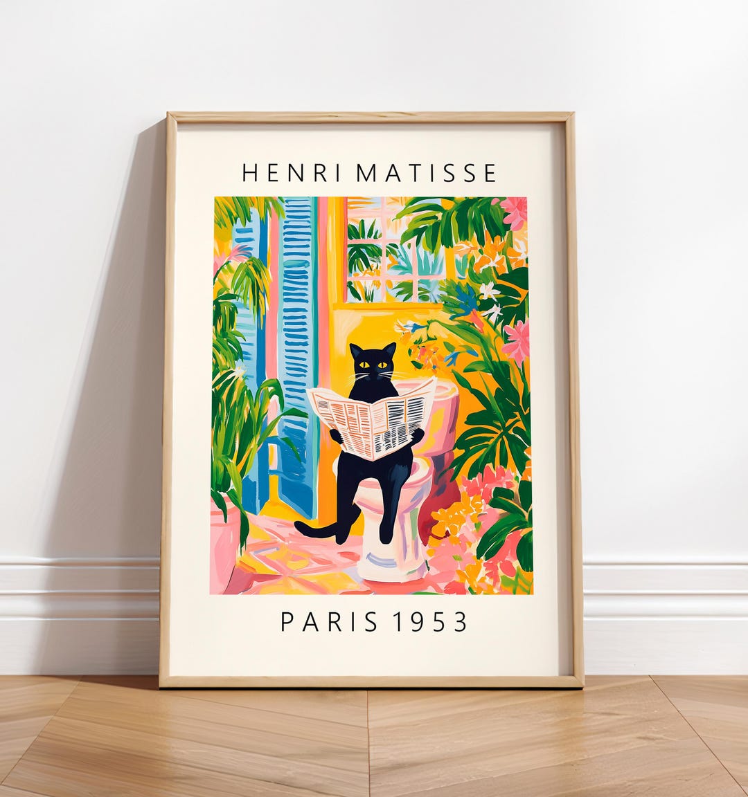 Black Cat on Toilet: Mattise Style Bathroom Print, Funny Tropical Decor ...