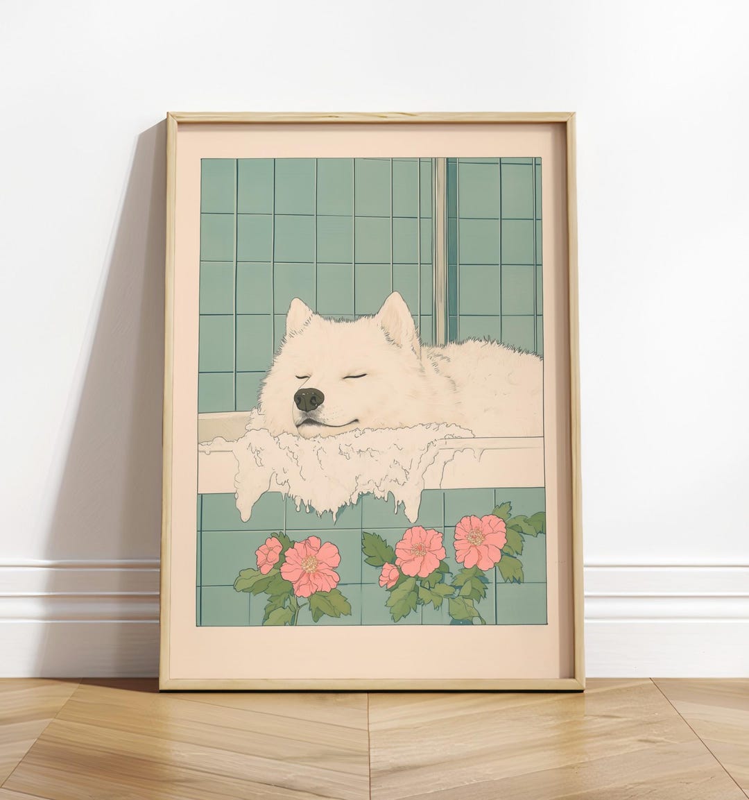 Samoyed in a Bath, Ukiyo-e Art Print, Kawaii Bathroom Print, Cute Dog ...