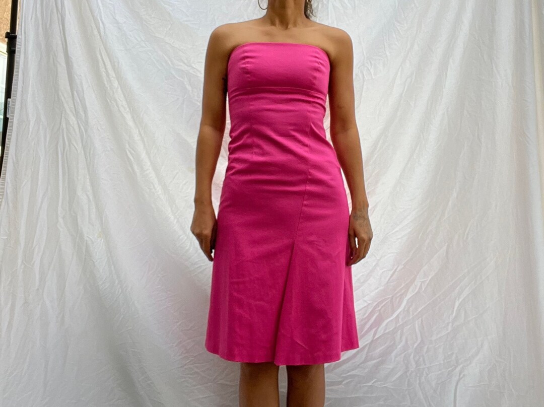 1990s Shocking Pink Body Con Tube Dress W Asymmetrical Front Pleat Size ...