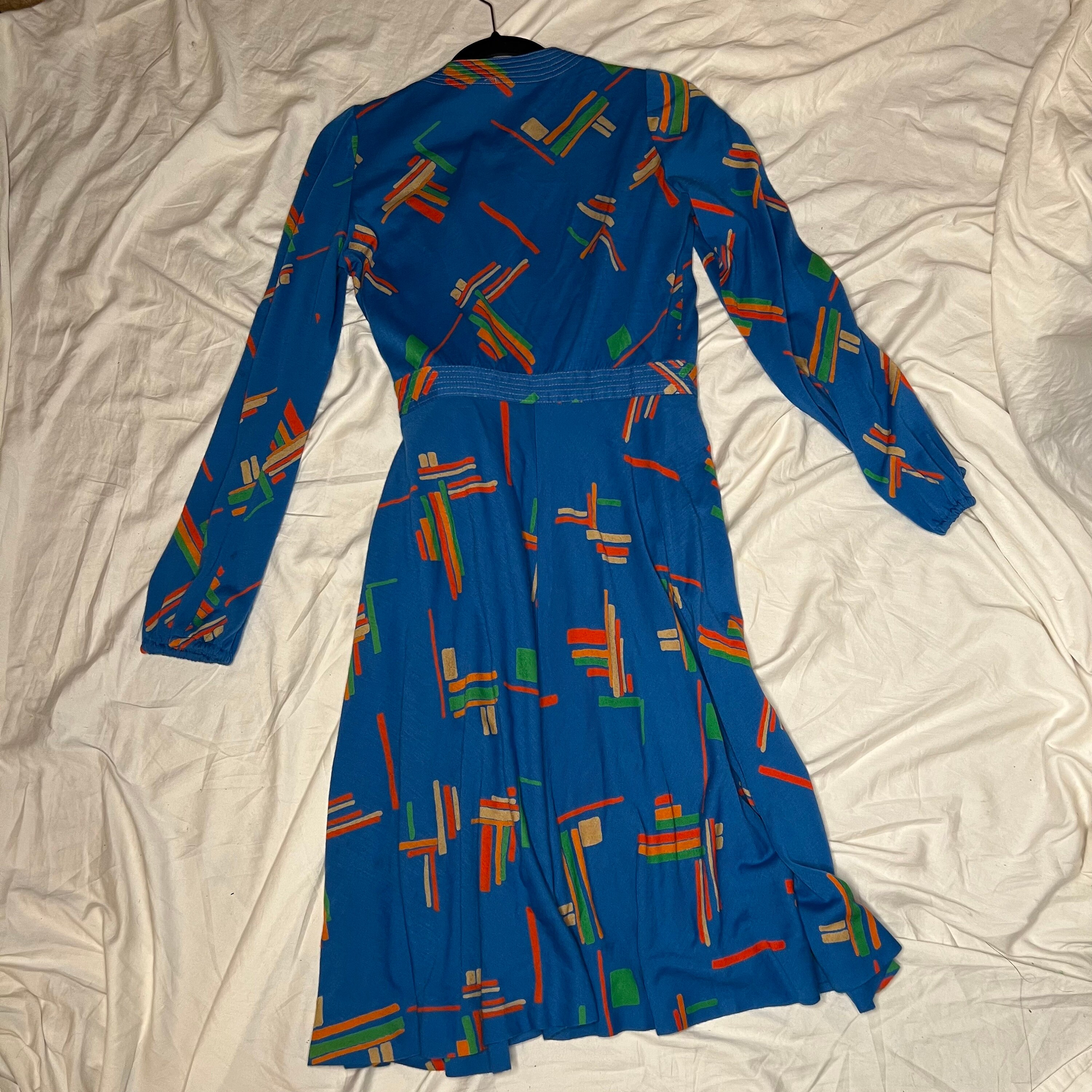 1970s Bright Blue Colorful Geometric Print Wrap Style Long Sleeve Dress ...