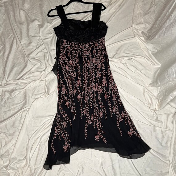 1990s black and pink floral leaf print flowy silk dre… - Gem