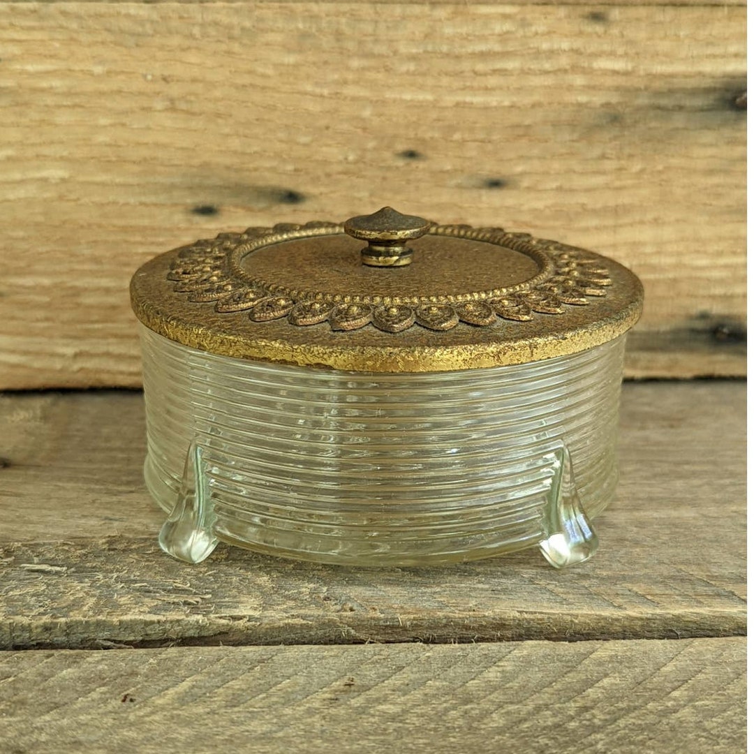 Vintage 1950s Footed Ribbed Glass Powder Box With Brass Metal - Etsy