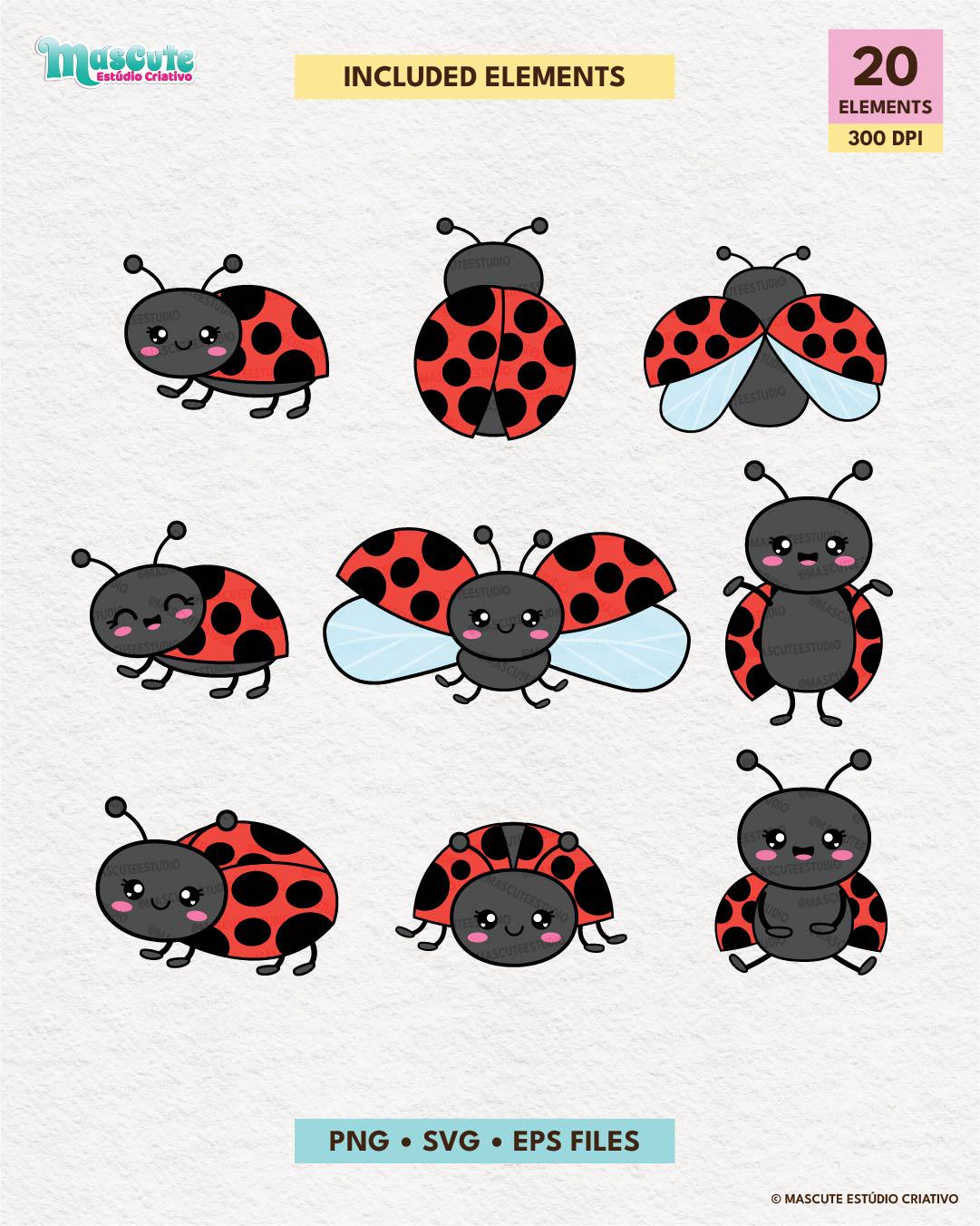 Cute Ladybug Clipart Set SVG PNG EPS | Kawaii Bug Illustrations for ...