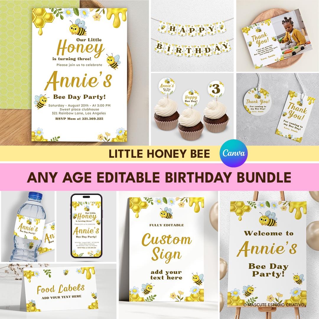 Little Honey Bee Party Bundle Canva Template | Editable Invitations ...