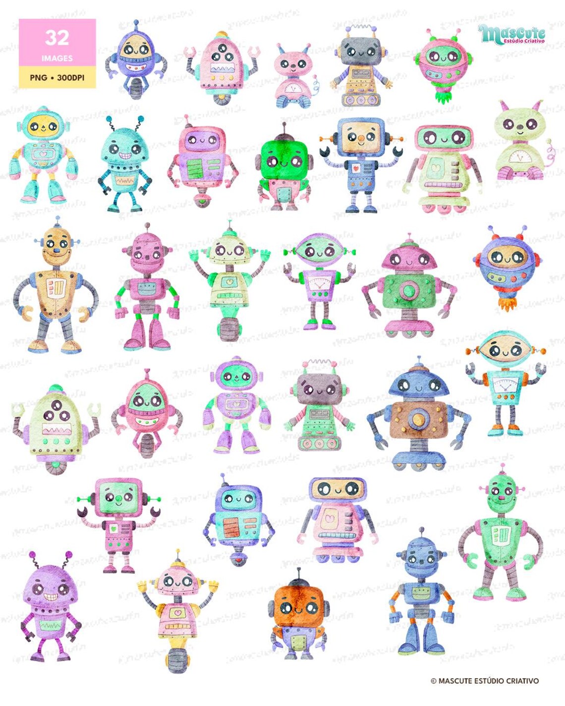 Cute Watercolor Robot Clipart Set | Hand-painted Robot Illustrations ...