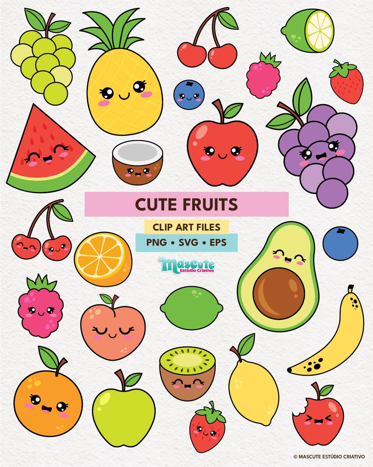 Cute Fruit Clipart Set SVG PNG EPS | Kawaii Fruit Illustrations for ...