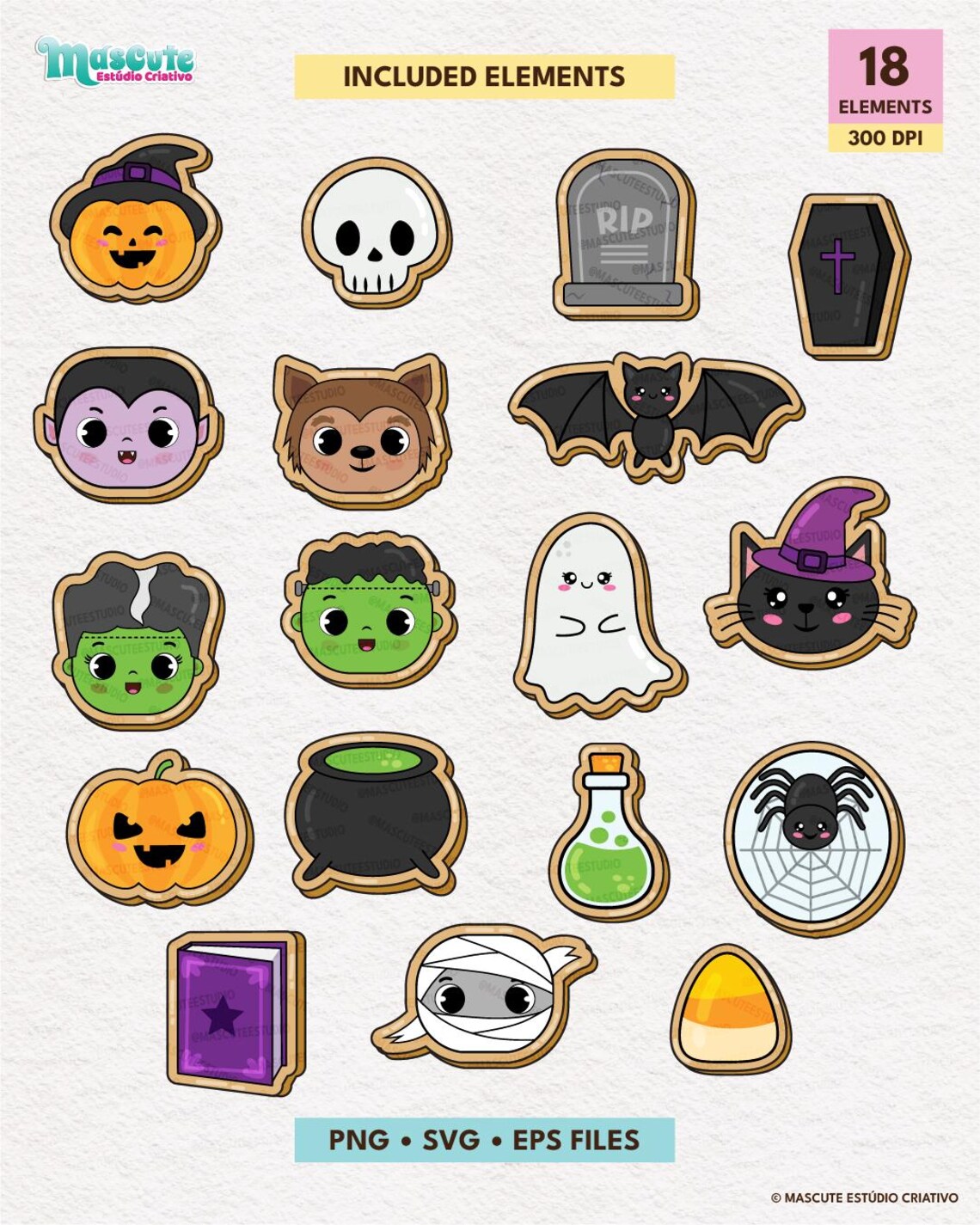 Halloween Cookies Clipart Set: Spooky Ghost, Pumpkin, Bat (PNG, SVG ...