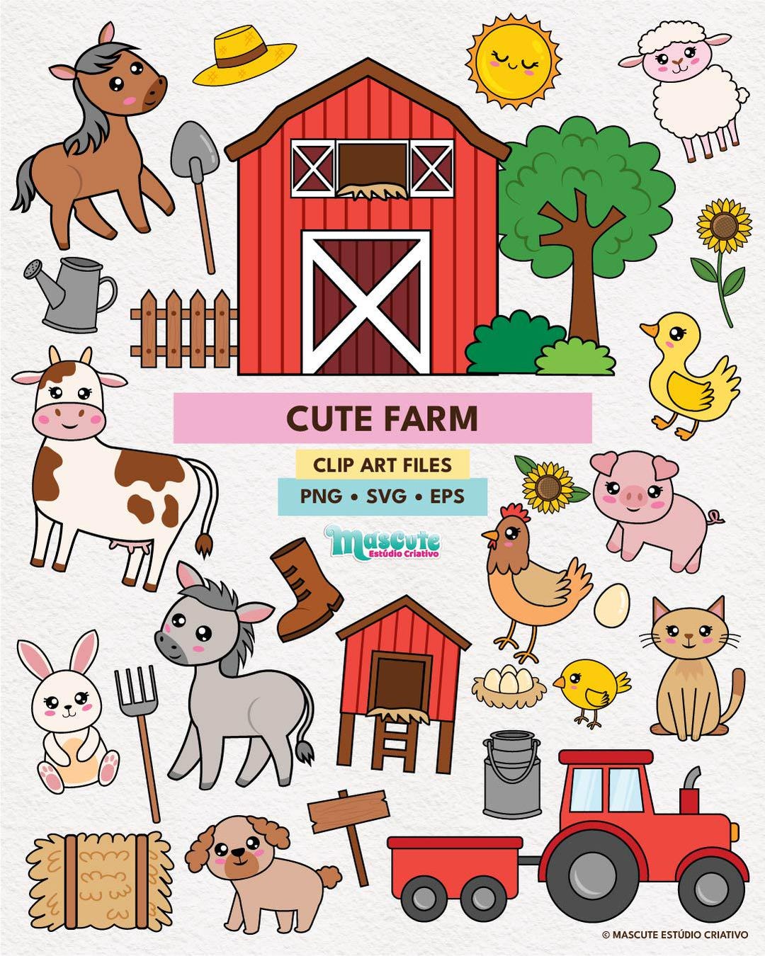 Cute Farm Animals Clipart Set SVG PNG EPS | Kawaii Farm Vectors for ...