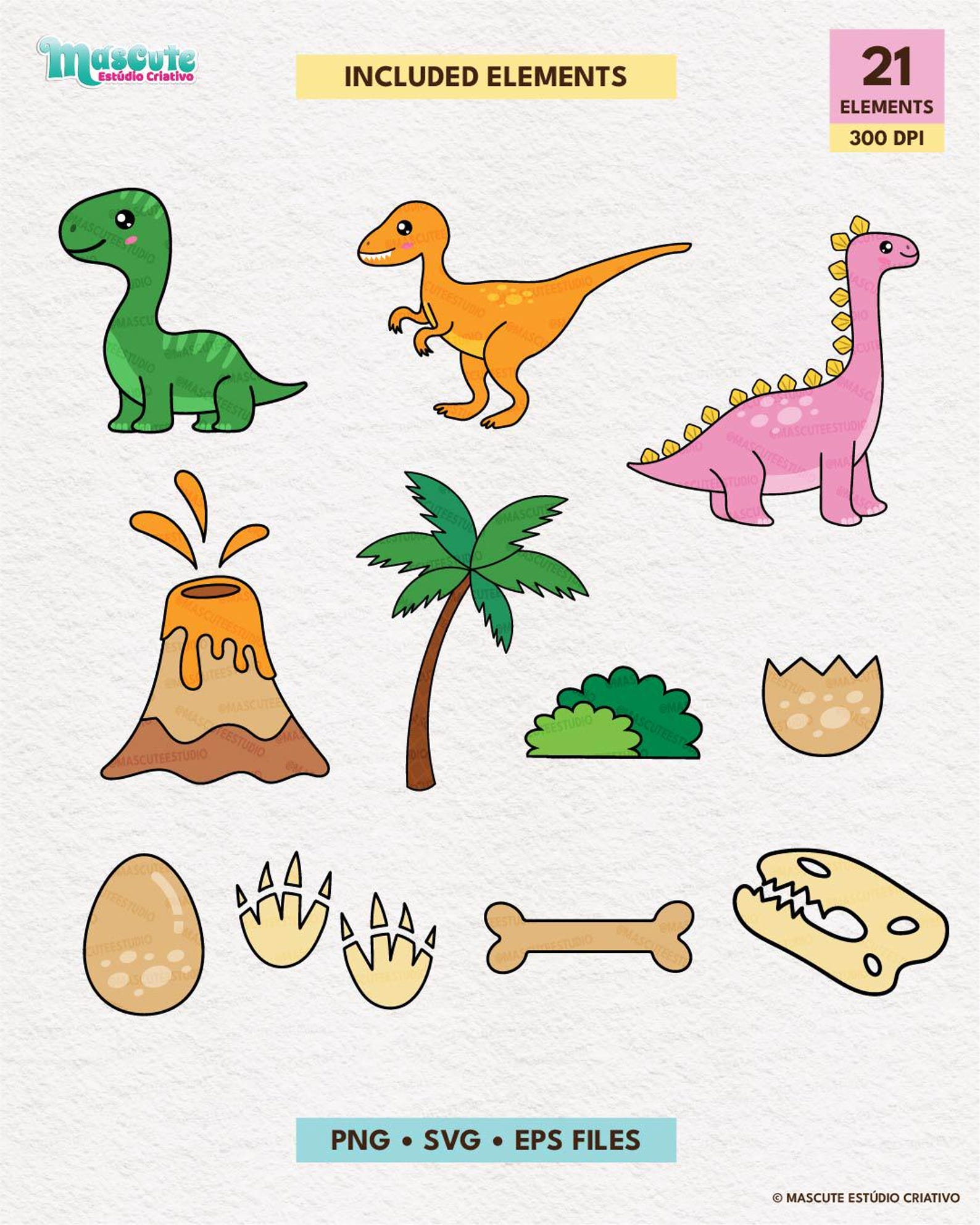 Cute Dinosaur Clipart Set SVG PNG EPS | Kawaii Dino Vectors for Kids ...