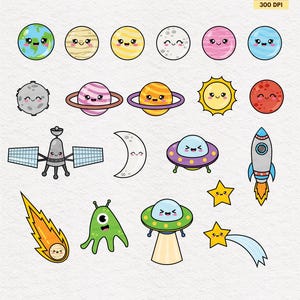 Cute Space Clipart Set SVG PNG EPS | Kawaii Planets, Rockets and Stars ...