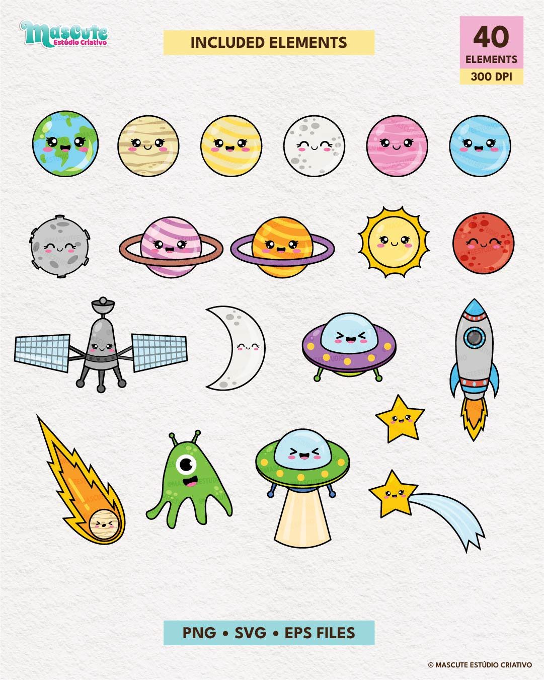 Cute Space Clipart Set SVG PNG EPS | Kawaii Planets, Rockets and Stars ...