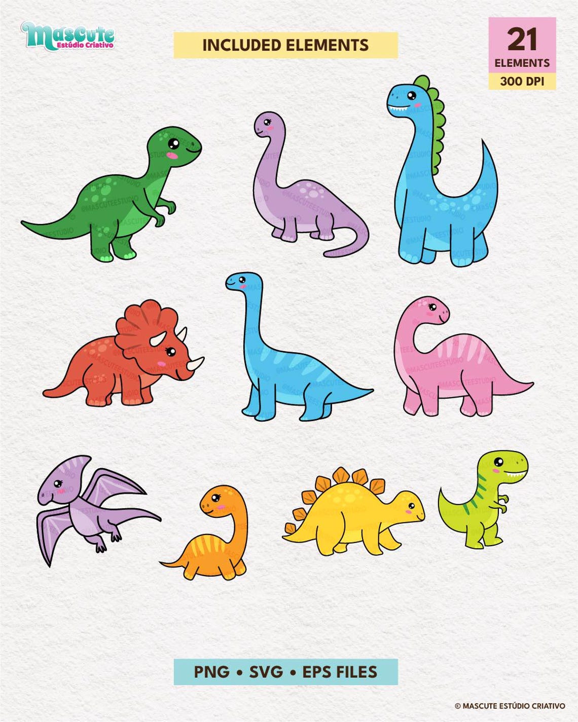 Cute Dinosaur Clipart Set SVG PNG EPS | Kawaii Dino Vectors for Kids ...