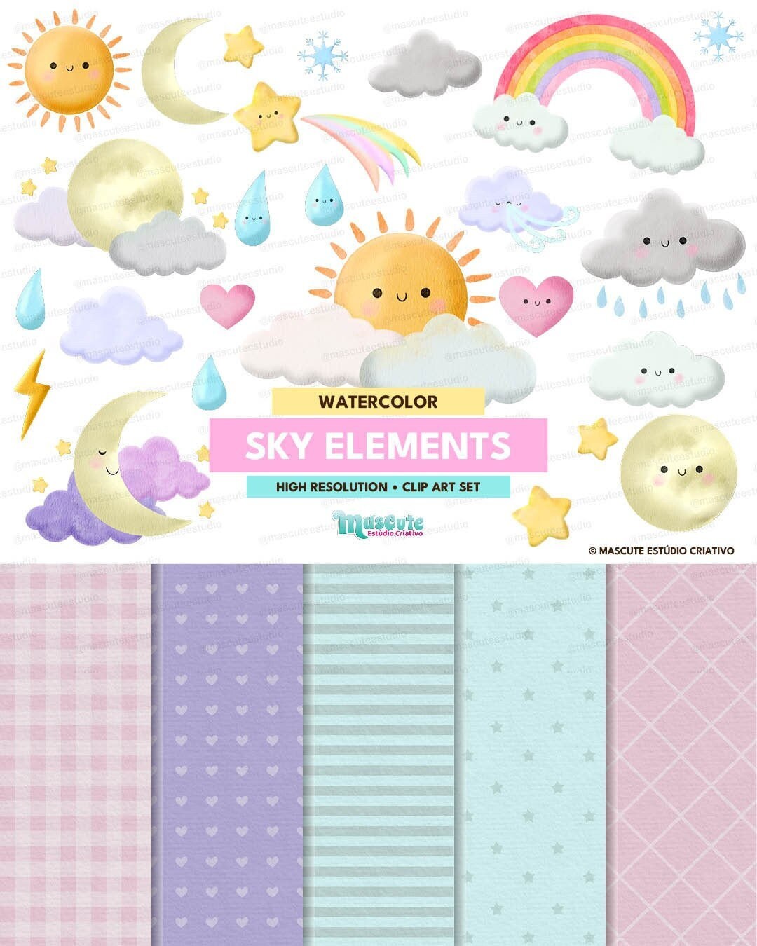 Watercolor Cute Sky Elements, Nursery Png, Cute Designs for Baby Shower ...