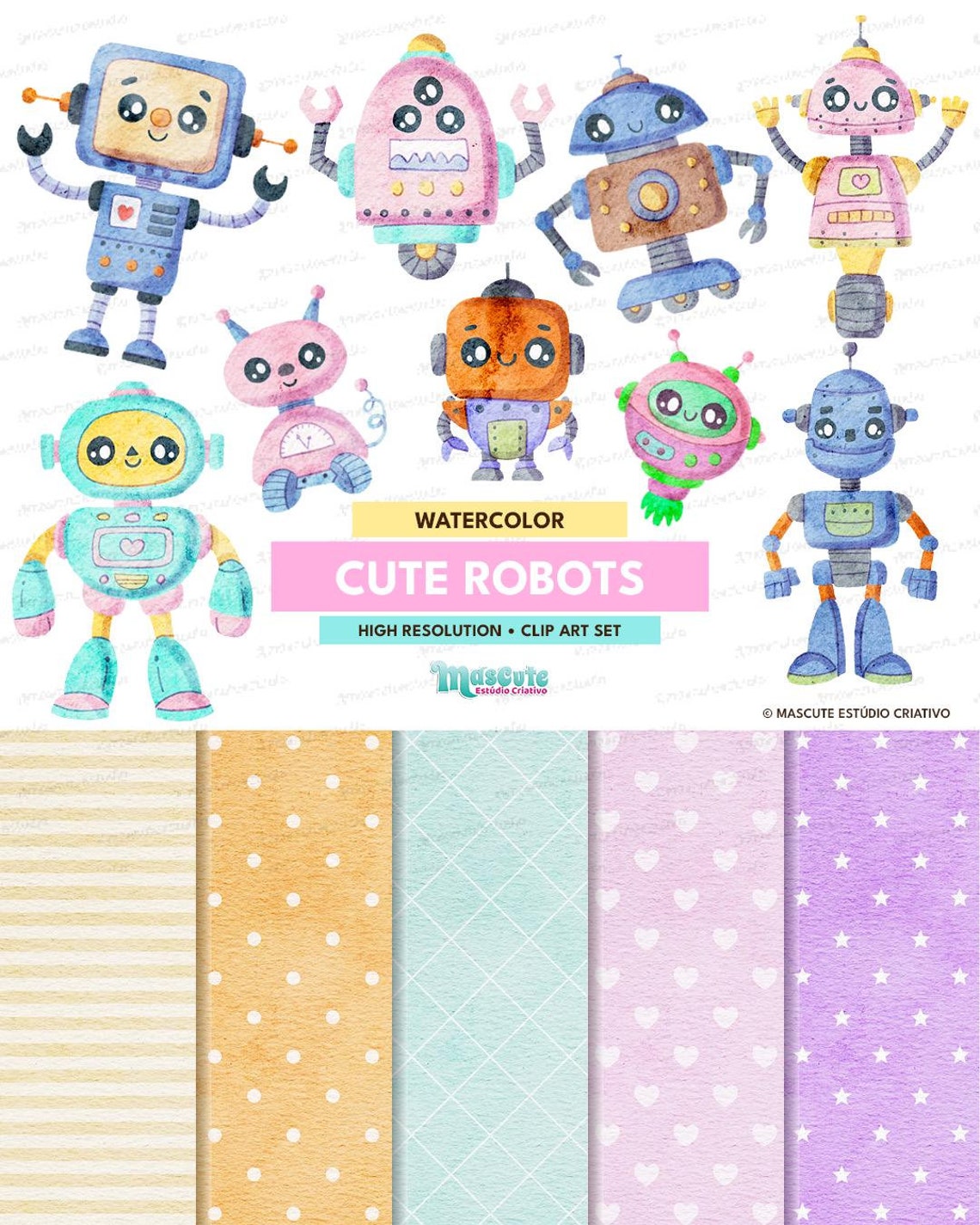 Cute Watercolor Robot Clipart Set | Hand-painted Robot Illustrations ...