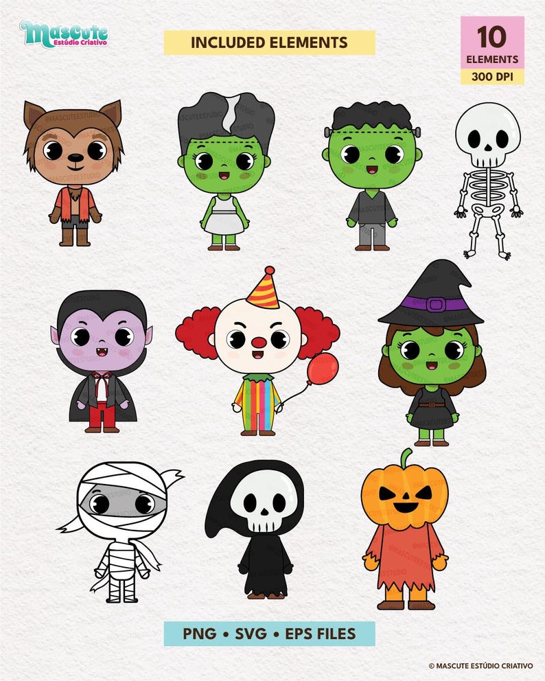 Halloween Monster Clipart: Frankenstein, Dracula, Witch (PNG, SVG, EPS ...