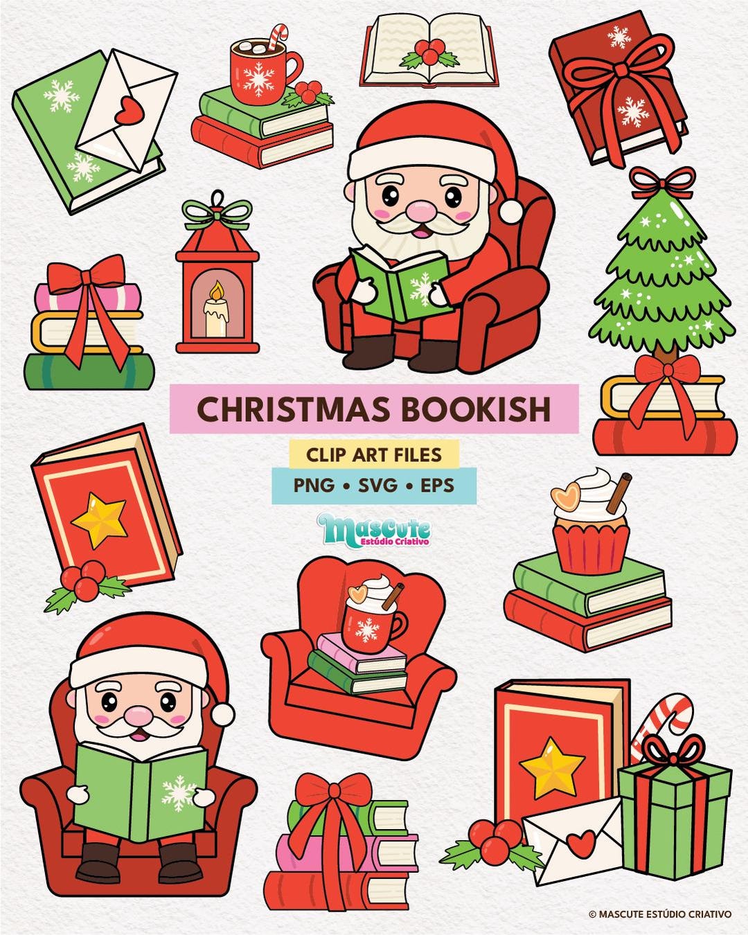 Christmas Bookish Clipart, Holiday Books With Santa Hat, Gifts ...