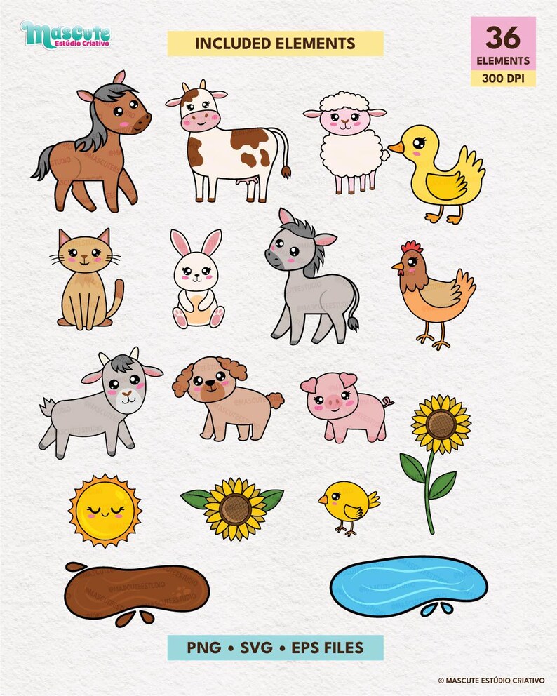 Cute Farm Animals Clipart Set SVG PNG EPS | Kawaii Farm Vectors for ...