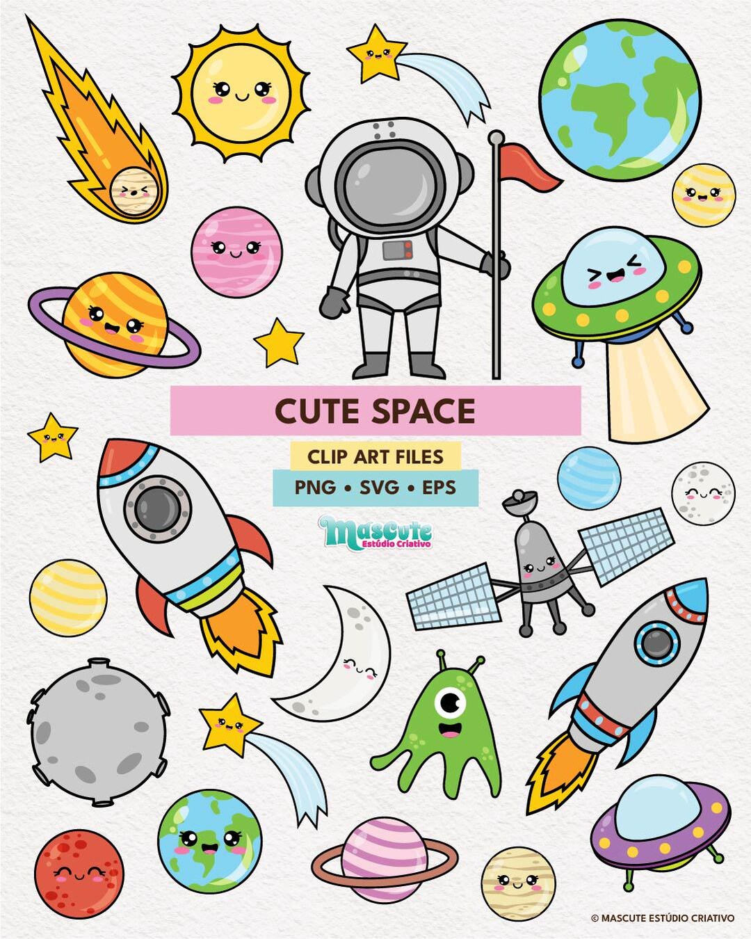 Cute Space Clipart Set SVG PNG EPS | Kawaii Planets, Rockets and Stars ...