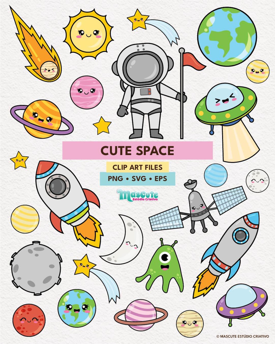 Cute Space Clipart Set SVG PNG EPS | Kawaii Planets, Rockets and Stars ...