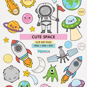 Cute Space Clipart Set SVG PNG EPS | Kawaii Planets, Rockets and Stars ...
