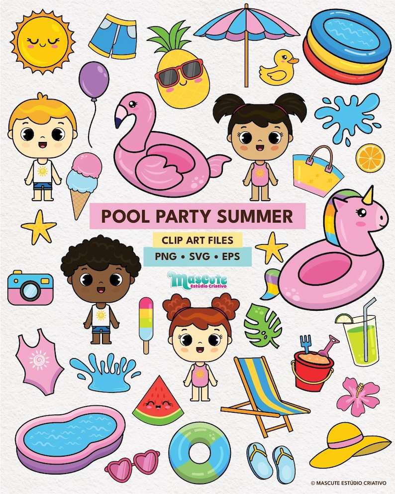 Pool Party Clipart Set Svg PNG EPS | Cute Summer Fun Illustrations for ...
