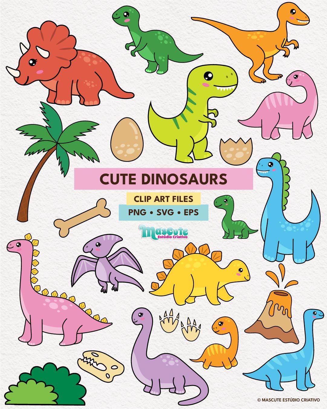 Cute Dinosaur Clipart Set SVG PNG EPS | Kawaii Dino Vectors for Kids ...