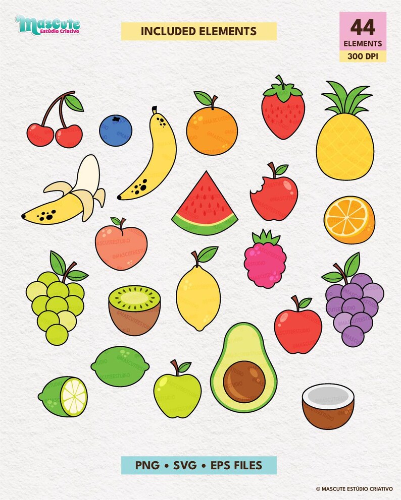 Cute Fruit Clipart Set SVG PNG EPS | Kawaii Fruit Illustrations for ...