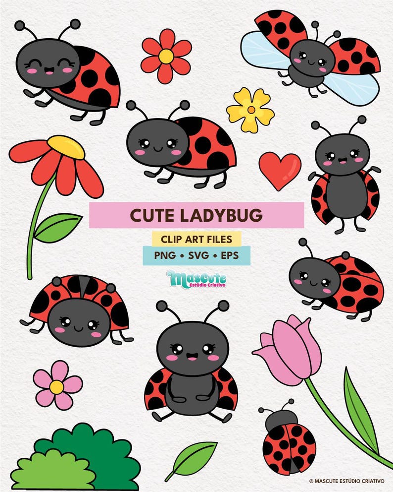 Cute Ladybug Clipart Set SVG PNG EPS | Kawaii Bug Illustrations for ...