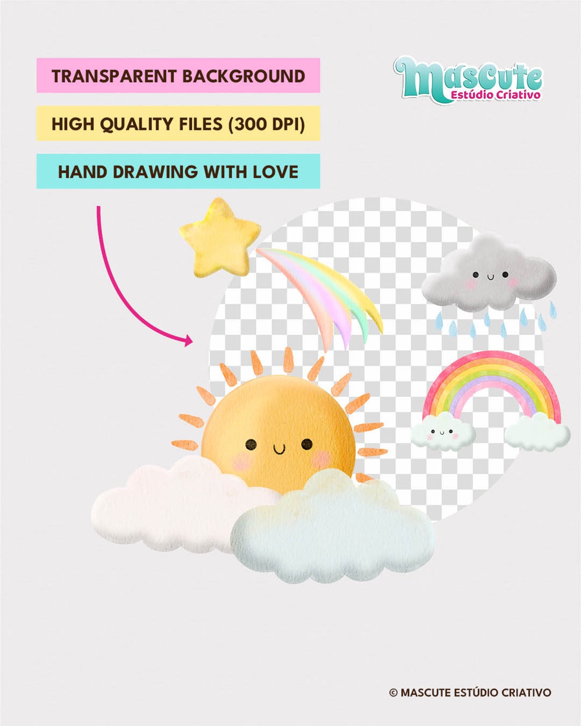 Watercolor Cute Sky Elements, Nursery Png, Cute Designs for Baby Shower ...