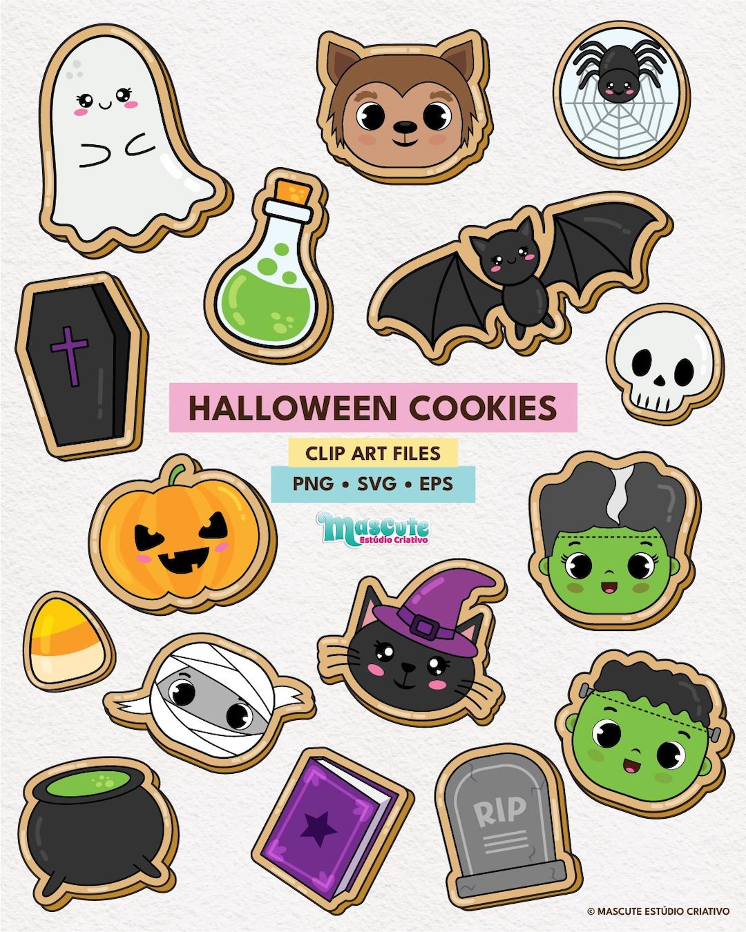 Halloween Cookies Clipart Set: Spooky Ghost, Pumpkin, Bat (PNG, SVG ...