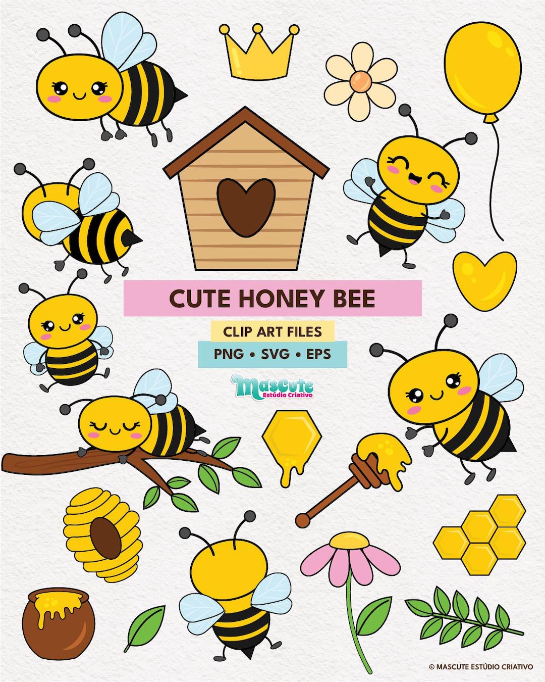 Cute Honey Bee Clipart Set SVG PNG EPS | Kawaii Bees and Flowers for ...