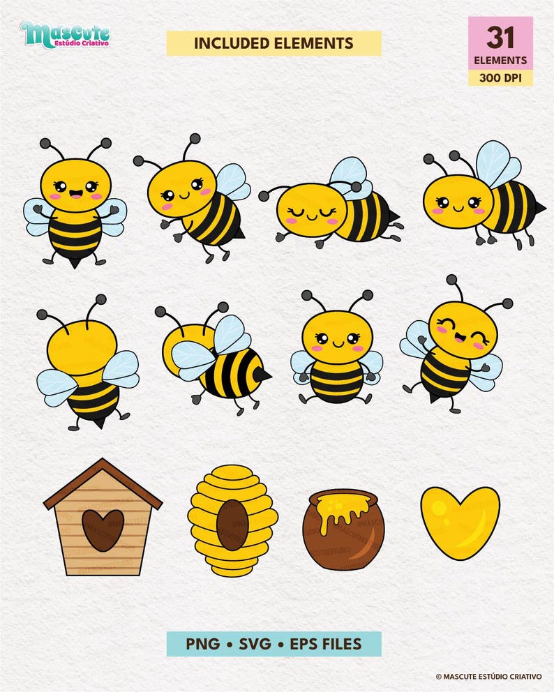 Cute Honey Bee Clipart Set SVG PNG EPS | Kawaii Bees and Flowers for ...