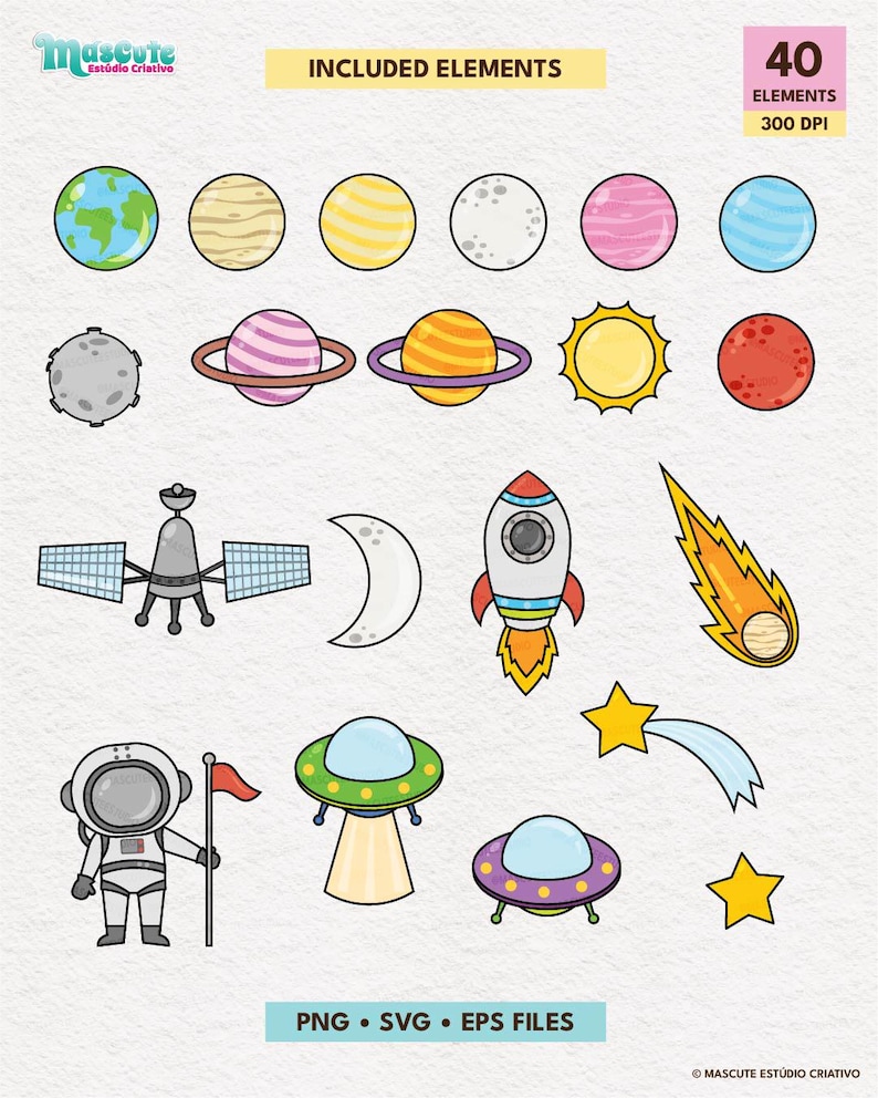 Cute Space Clipart Set SVG PNG EPS | Kawaii Planets, Rockets and Stars ...