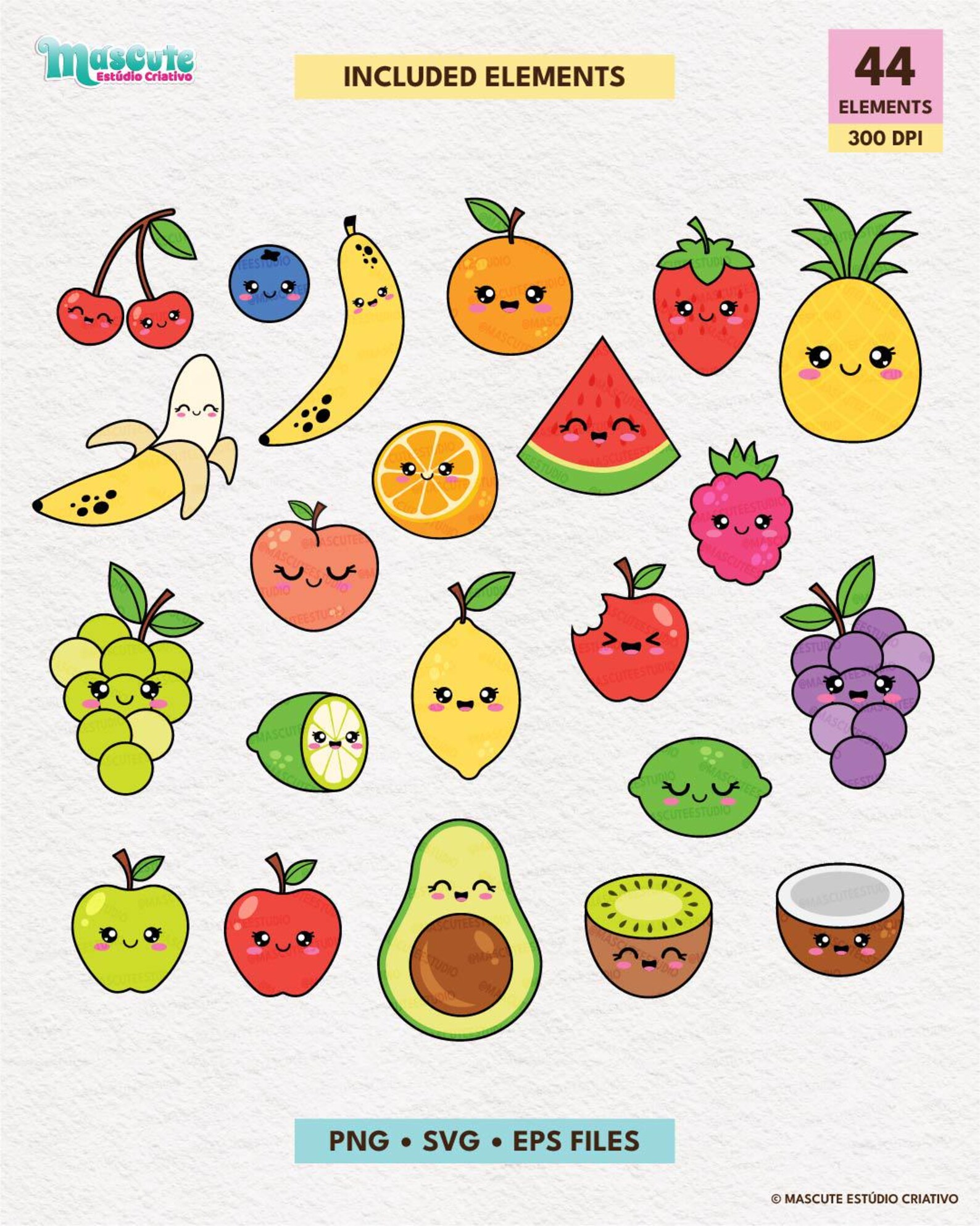 Cute Fruit Clipart Set SVG PNG EPS | Kawaii Fruit Illustrations for ...