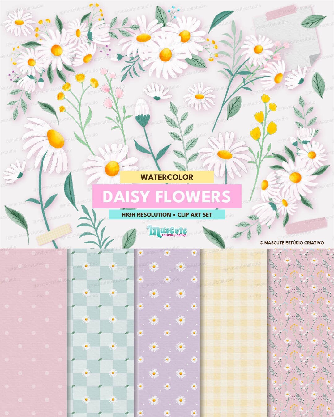 Watercolor Daisy Flower Clipart and Digital Paper, Floral Spring Art ...