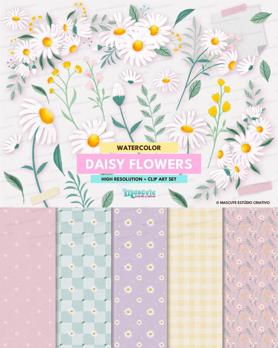 Watercolor Daisy Flower Clipart and Digital Paper, Floral Spring Art ...