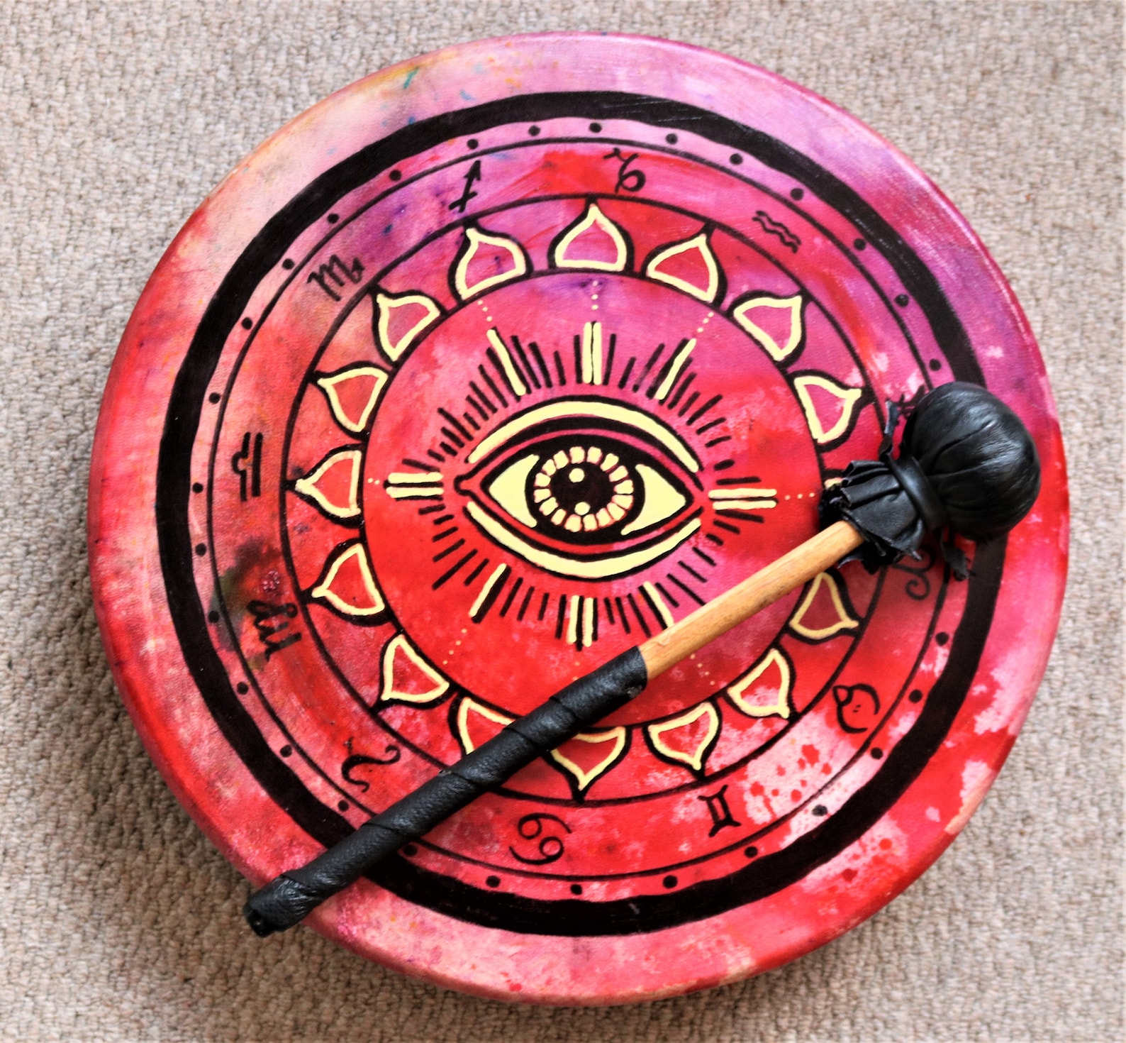 Hand Painted Drum, 14 Leather Drum With Astrological Signs Hand Painted ...