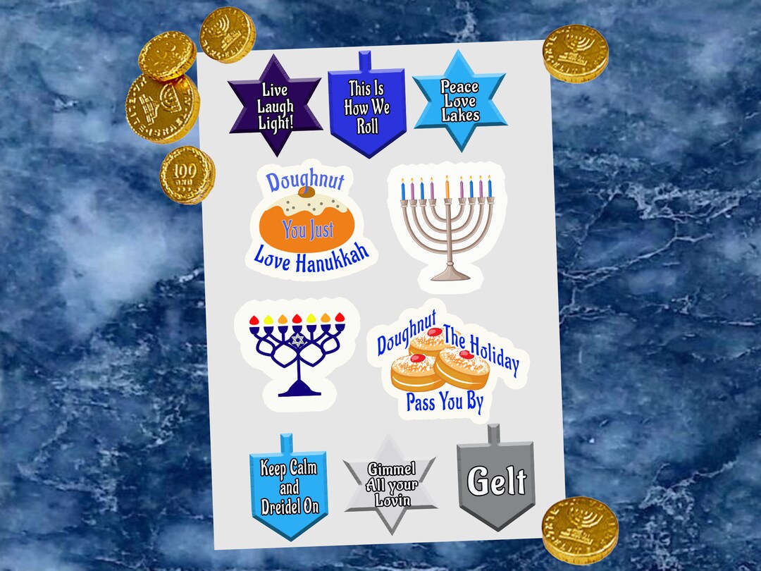 Hanukkah Stickers Mix, Chanukah Menorah, Dreidels, Stars, Donuts With ...