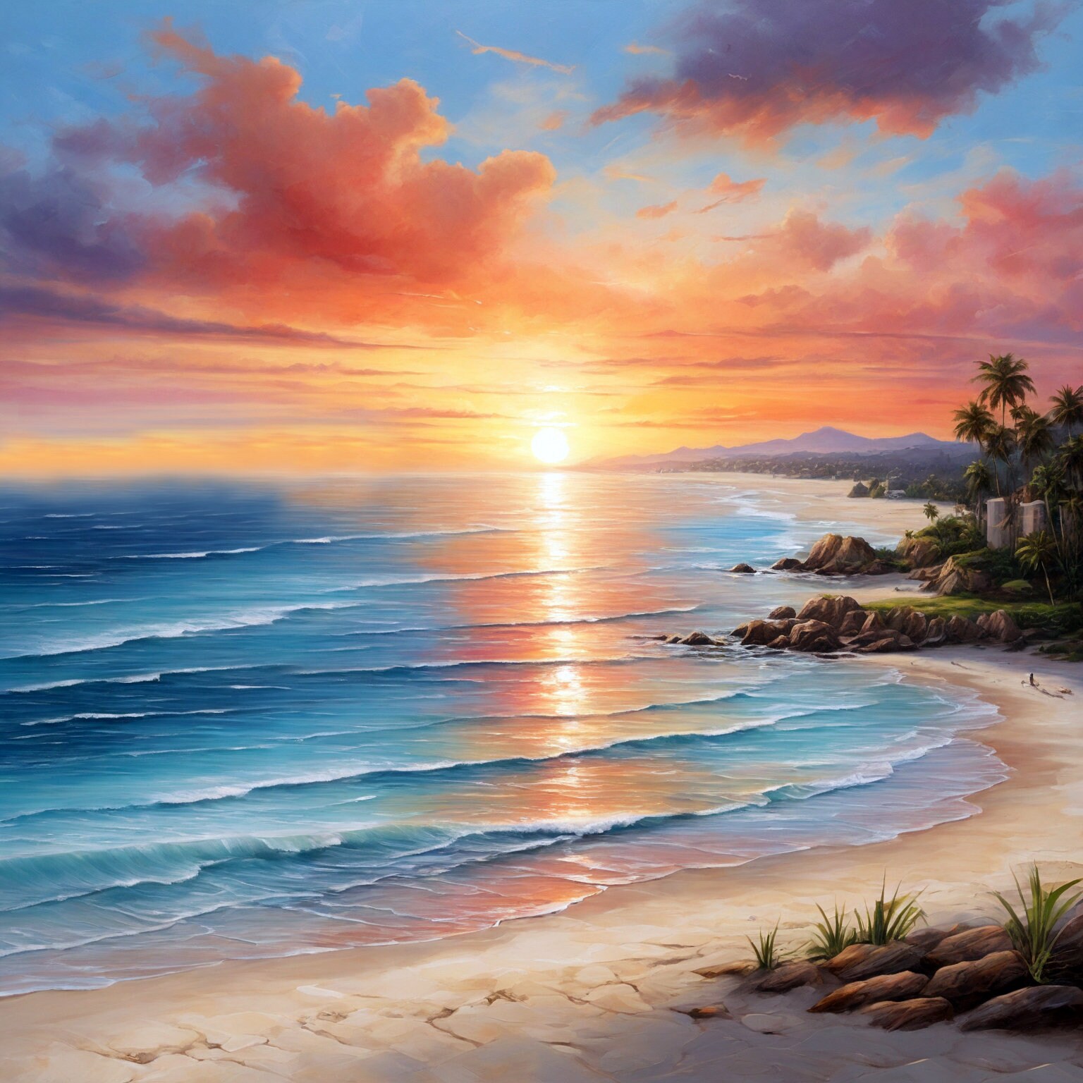 Sunset Oil Painting Style Wall Art Print for Home Office Digital ...