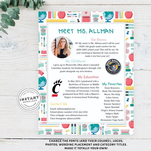 Meet the Teacher Colorful Template Primary School Newsletter - Etsy