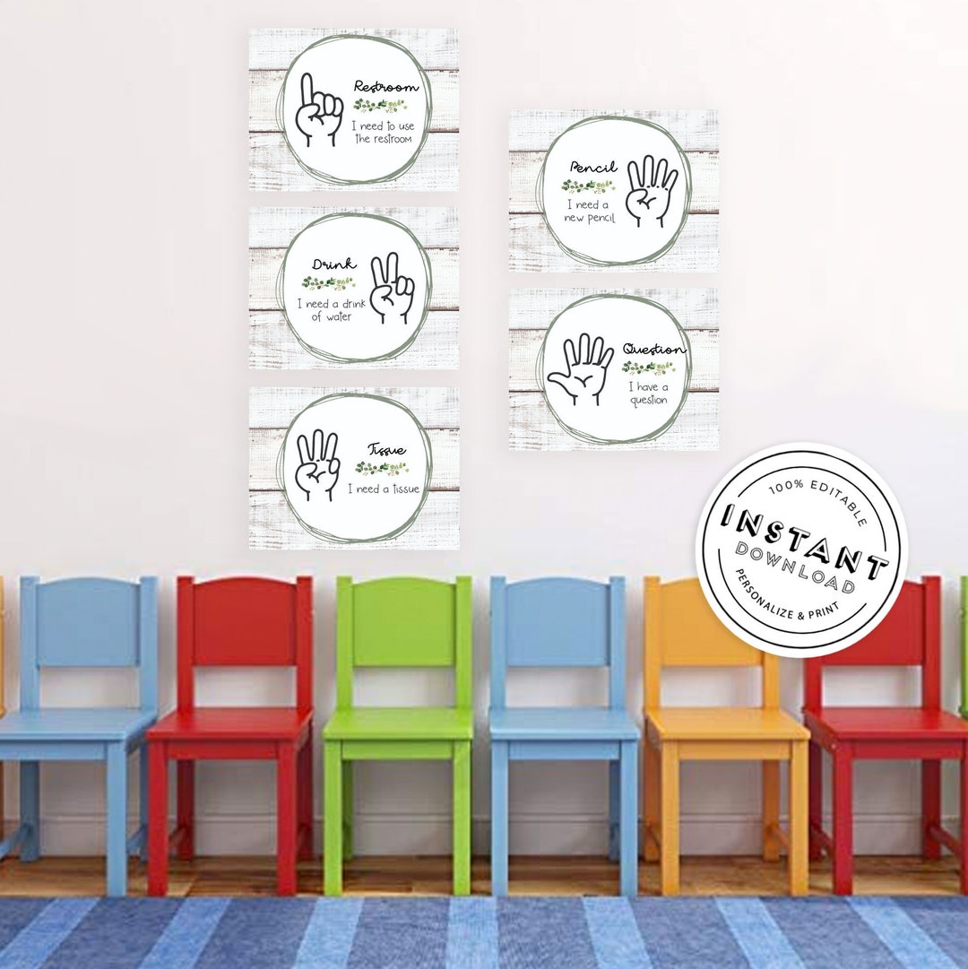 5 Non-verbal Hand Signals Classroom Management Posters | Farmhouse ...