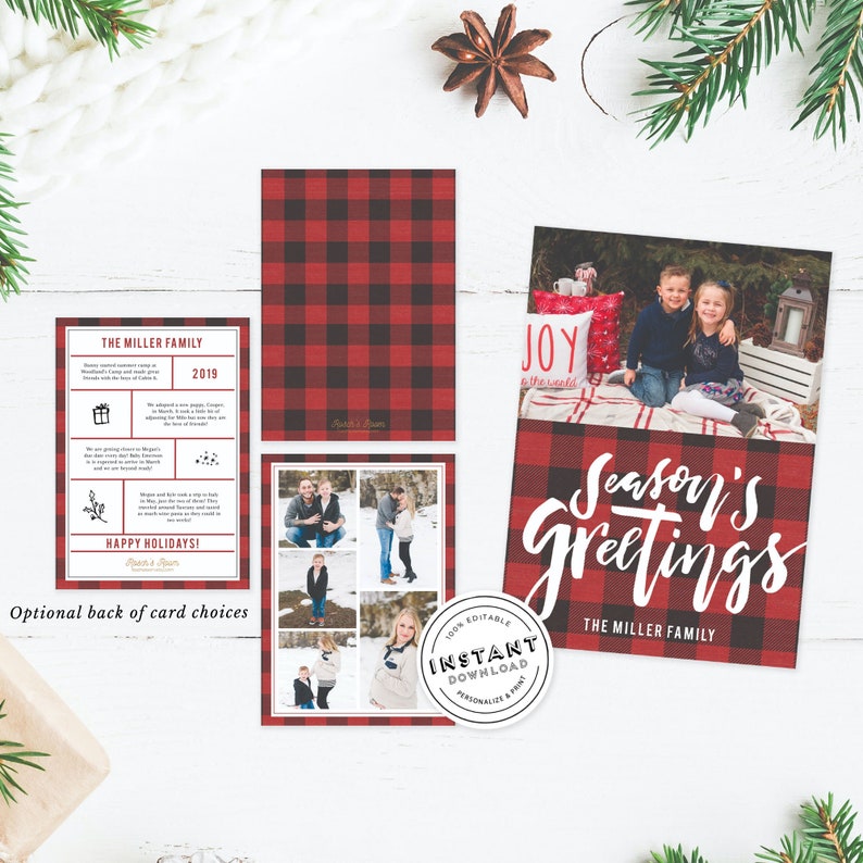 Photo Christmas Card Editable Template Buffalo Plaid Card - Etsy