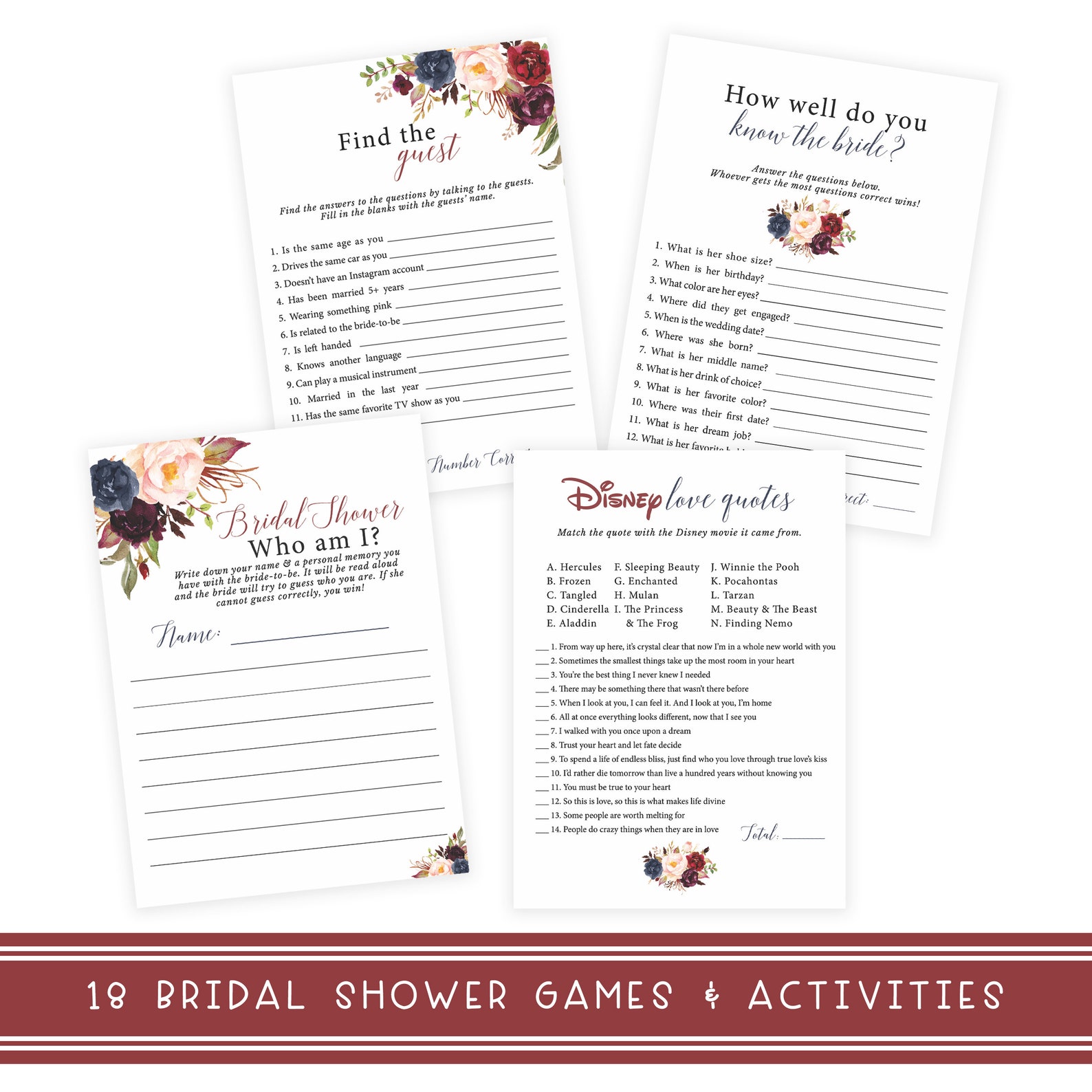 Navy Marsala Bridal Shower Game and Sign Bundle | 14 Navy Burgundy ...