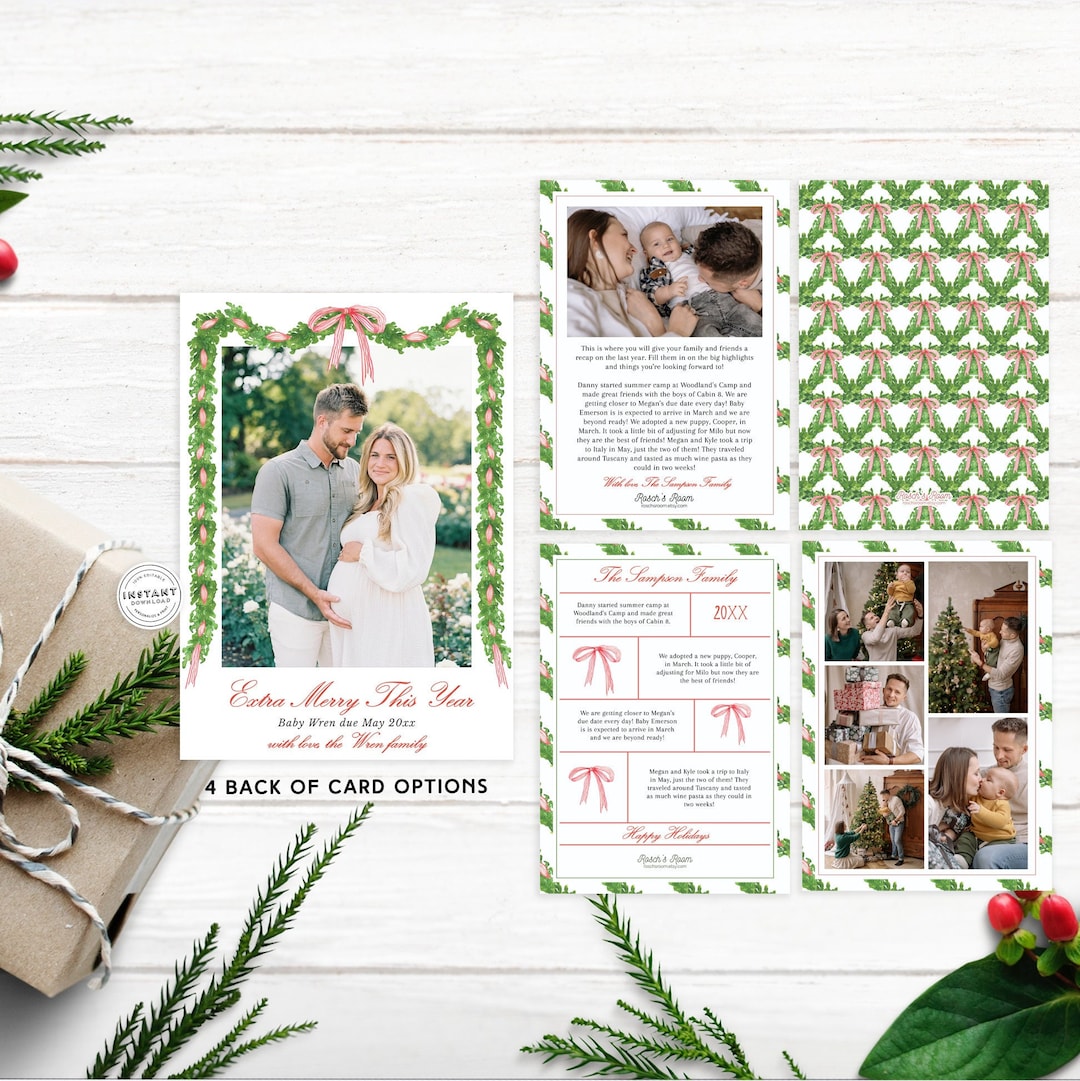 Pregnancy Announcement Red Ribbon Christmas Card Template Preppy Family ...